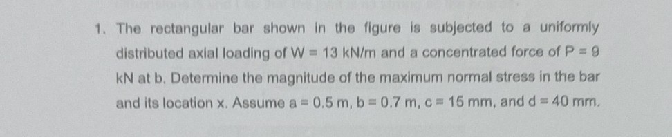 1. The rectangular bar shown in the figure is subjected to a uniformly distributed axial loading ...
