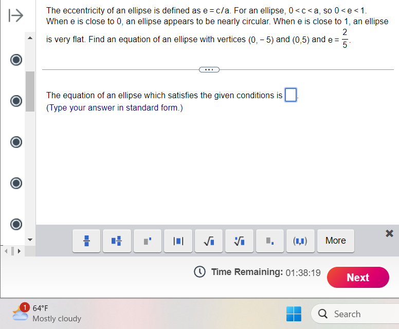 The Eccentricity Of An Ellipse Is Defined As E C A For An Ellipse 0