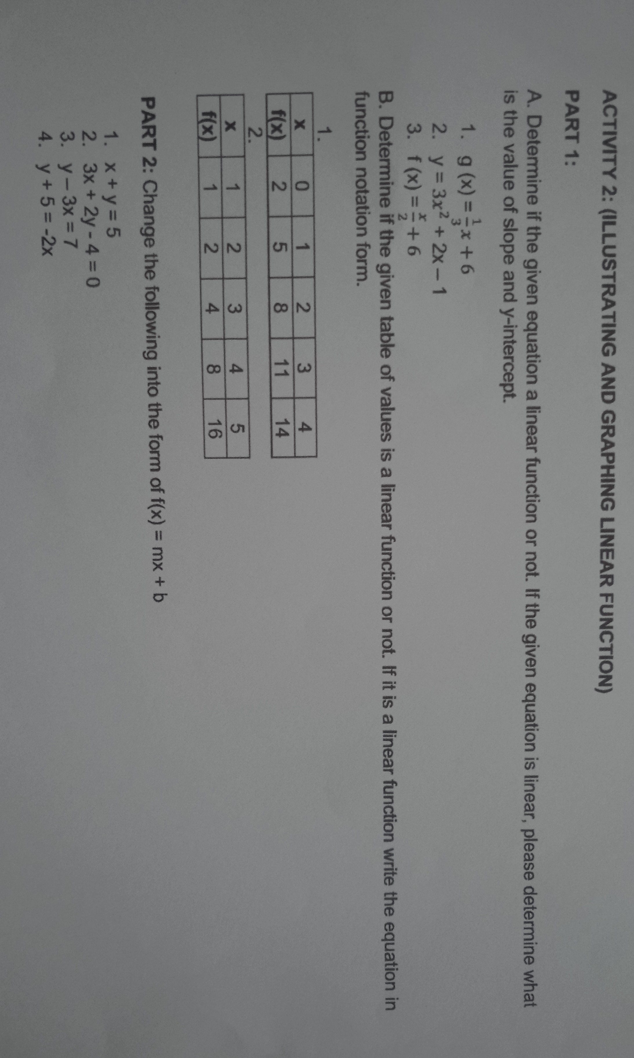 ACTIVITY 2: (ILLUSTRATING AND GRAPHING LINEAR FUNCTION) PART 1: A. Determine if the given ...