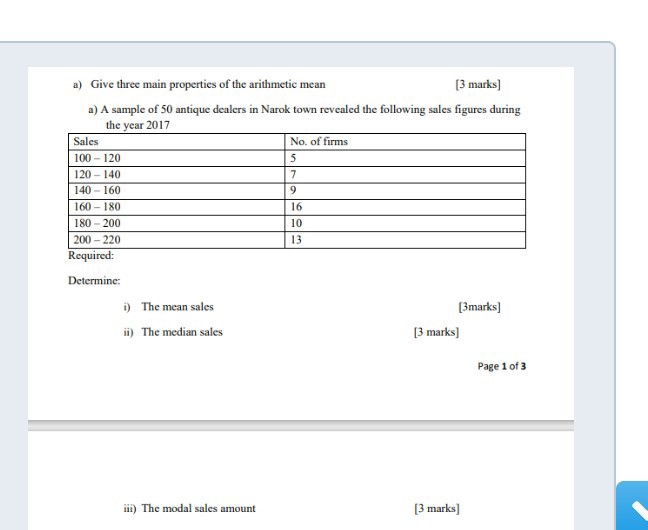 a give three main properties of the arithmetic mean 3 marks a a sample ...