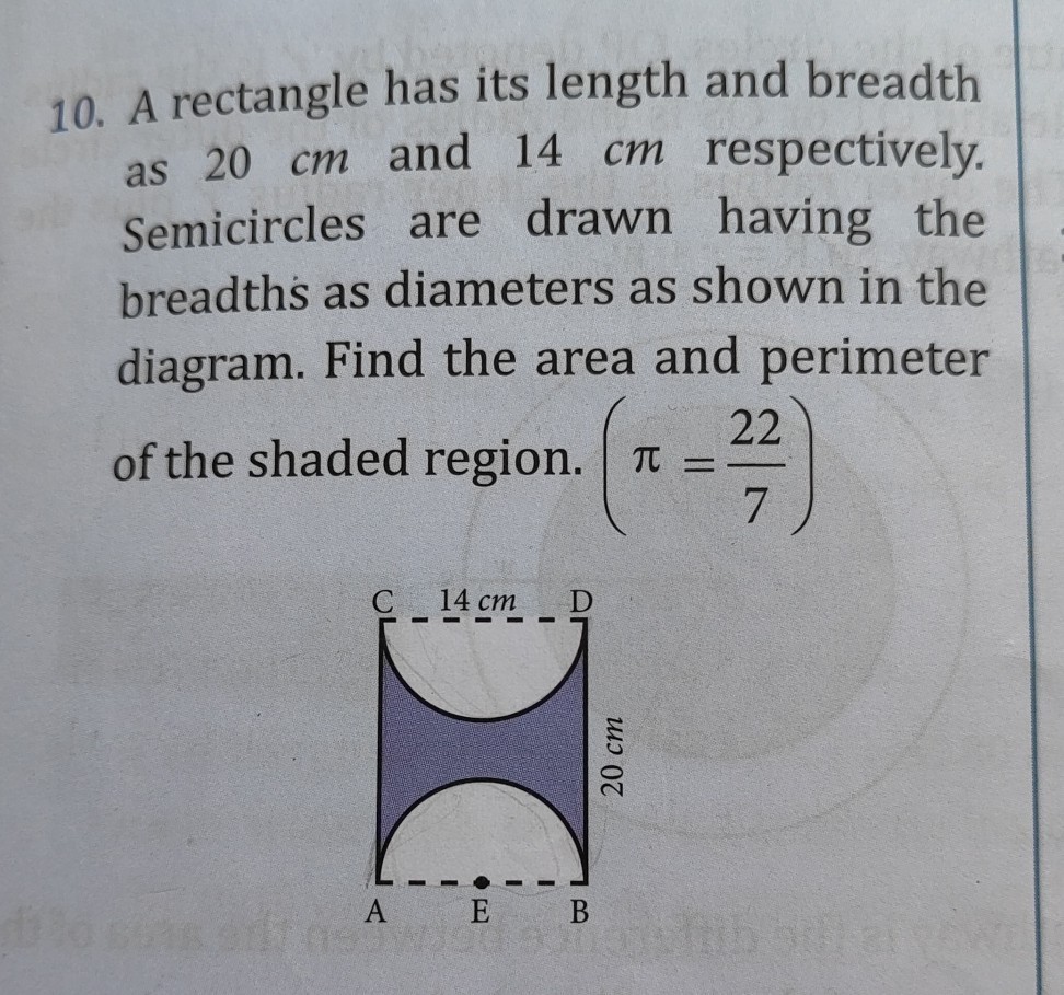 10 a rectangle has its length and breadth as 20 cm and 14 cm respectively semicircles are drawn ...
