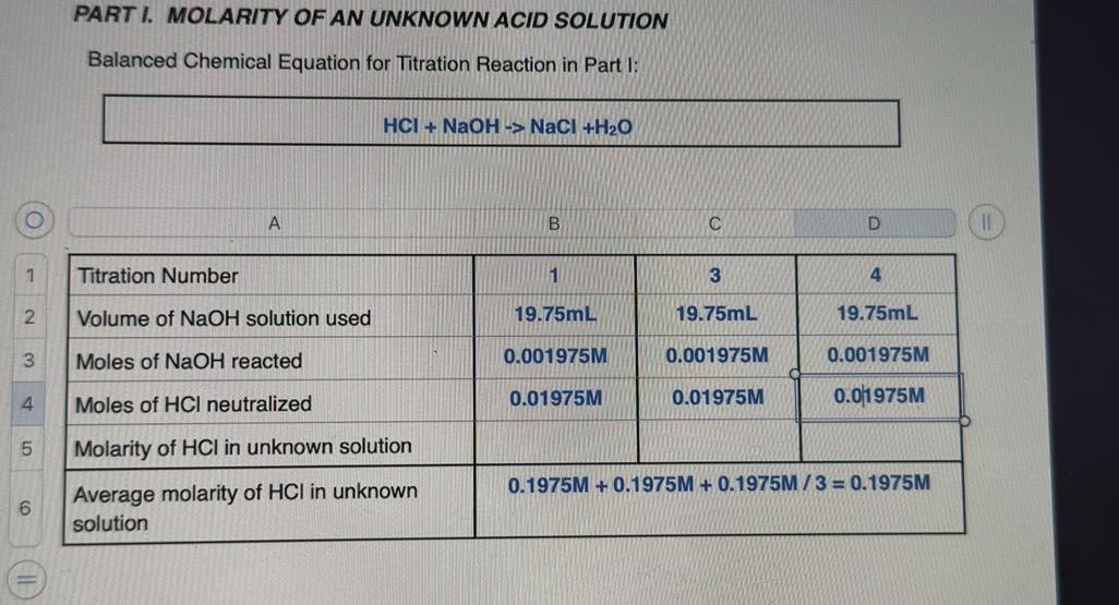 PART I. MOLARITY OF AN UNKNOWN ACID SOLUTION Balanced Chemical Equation ...