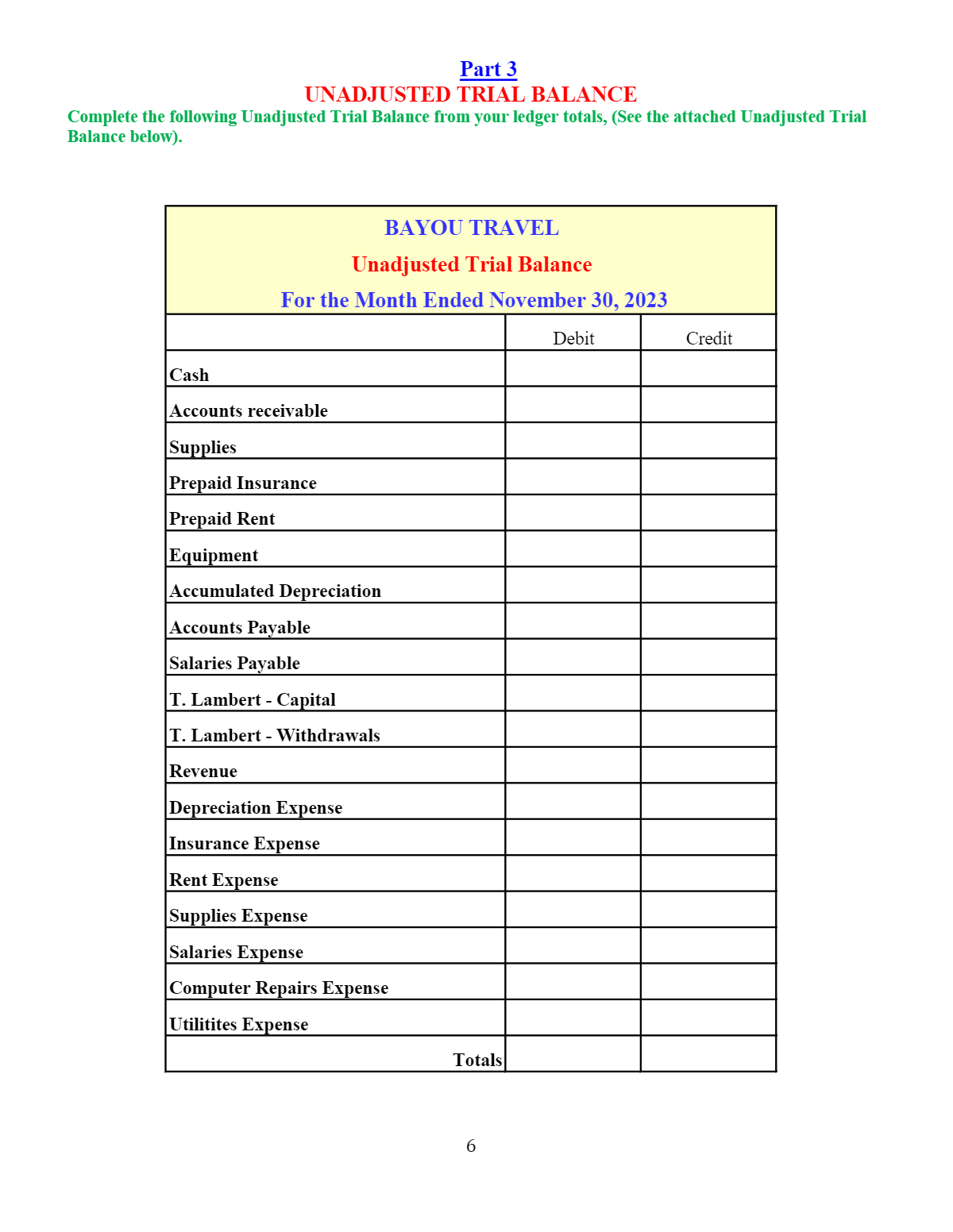 part 3 unadjusted trial balance complete the following unadjusted trial ...
