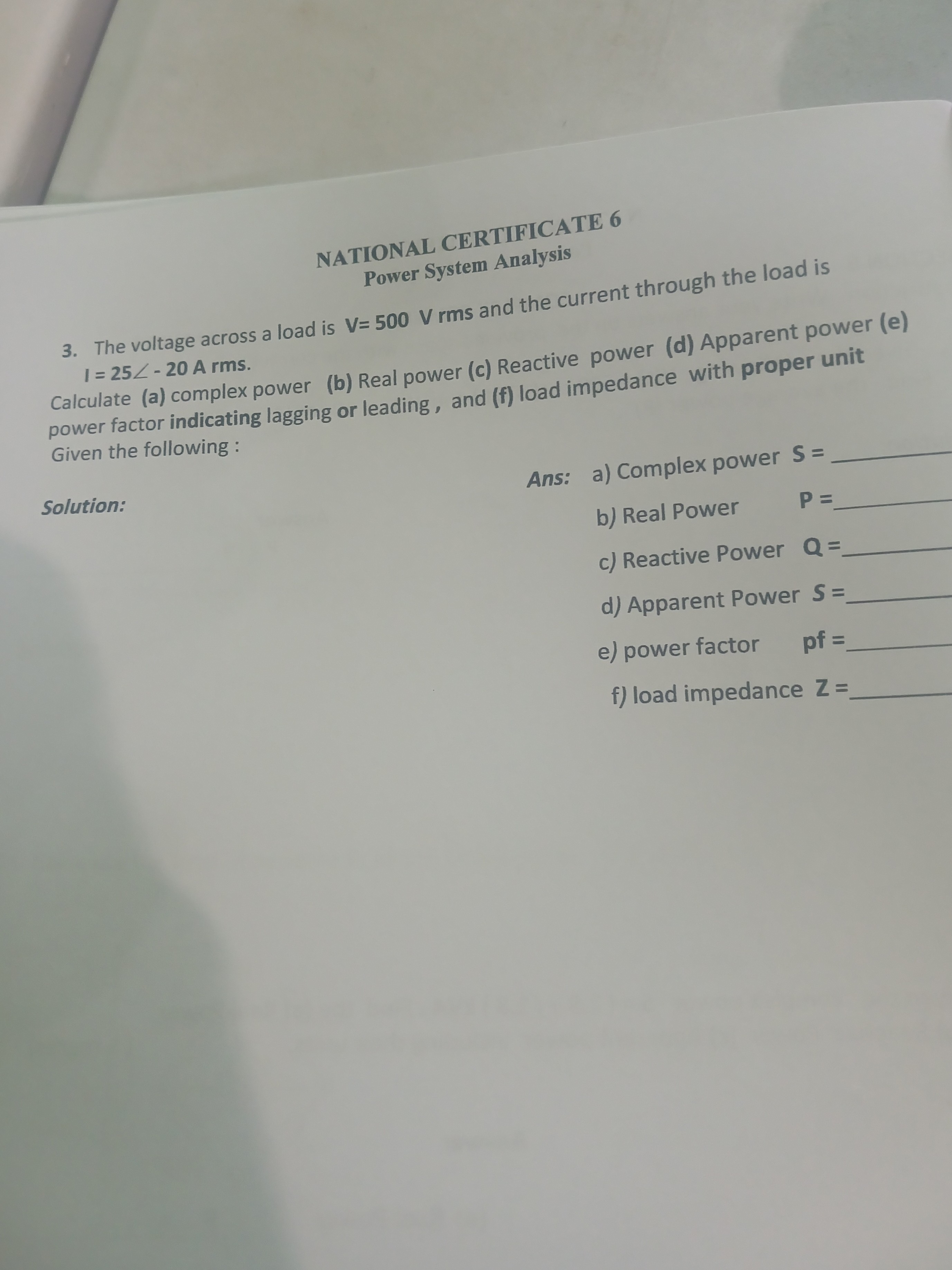 NATIONAL CERTIFICATE 6 Power System Analysis The voltage across a load ...