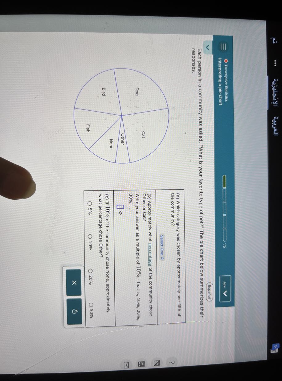 - Descriptive Statistics 1 / 5 Interpreting a pie chart Español Each ...