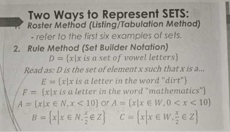 two ways to represent sets roster method listingtabulation method refer to the first six ...