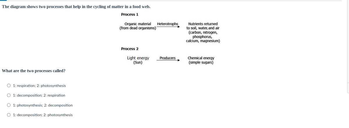 The diagram shows two processes that help in the cycling of matter in a ...