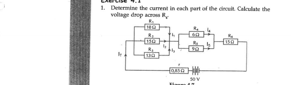1. Determine the current in each part of the circuit. Calculate the voltage drop across R4.