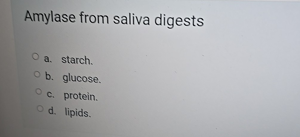 Amylase from saliva digests a. starch. b. glucose. C. protein. d. lipids.