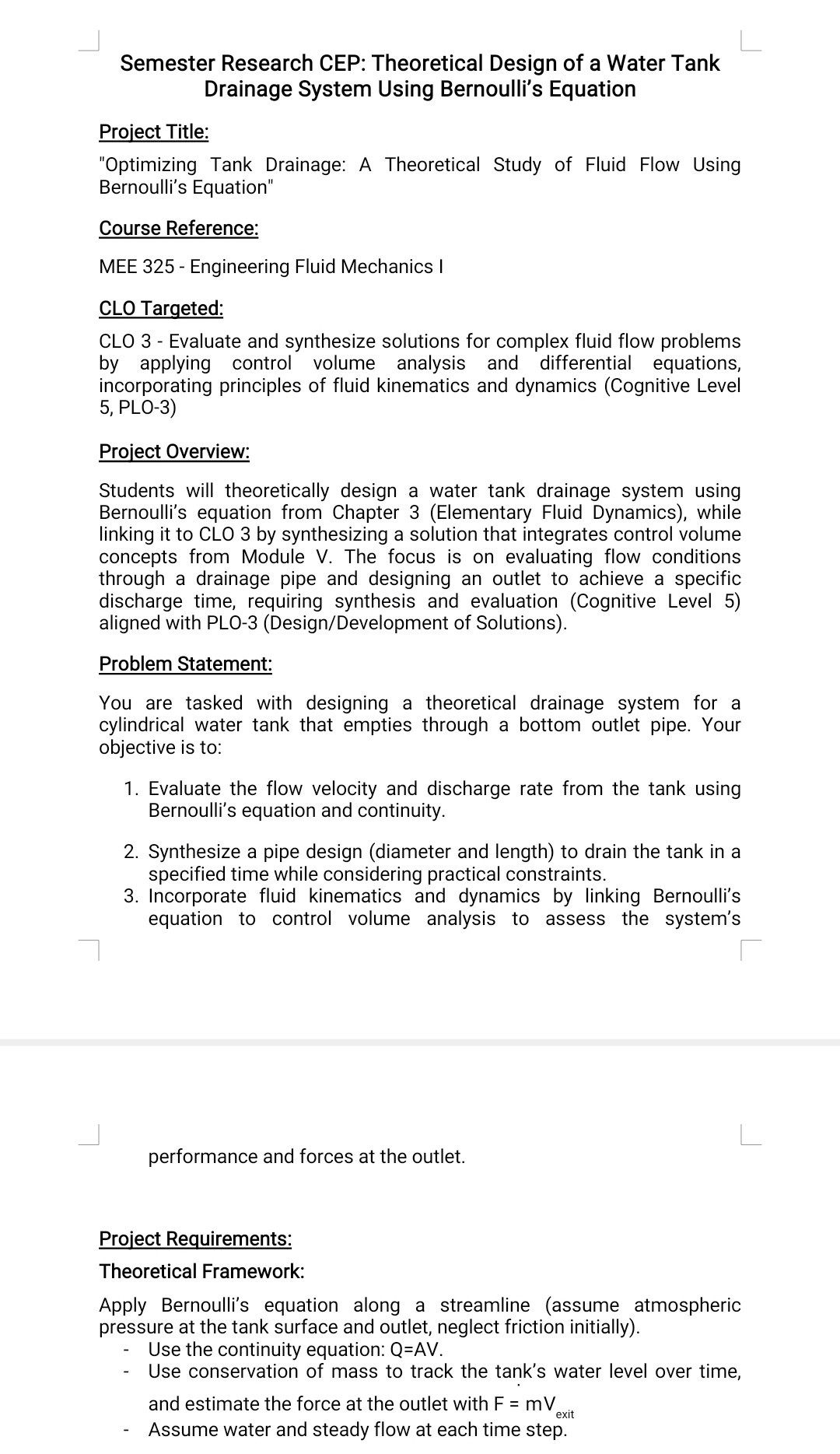 Semester Research CEP: Theoretical Design of a Water Tank Drainage ...