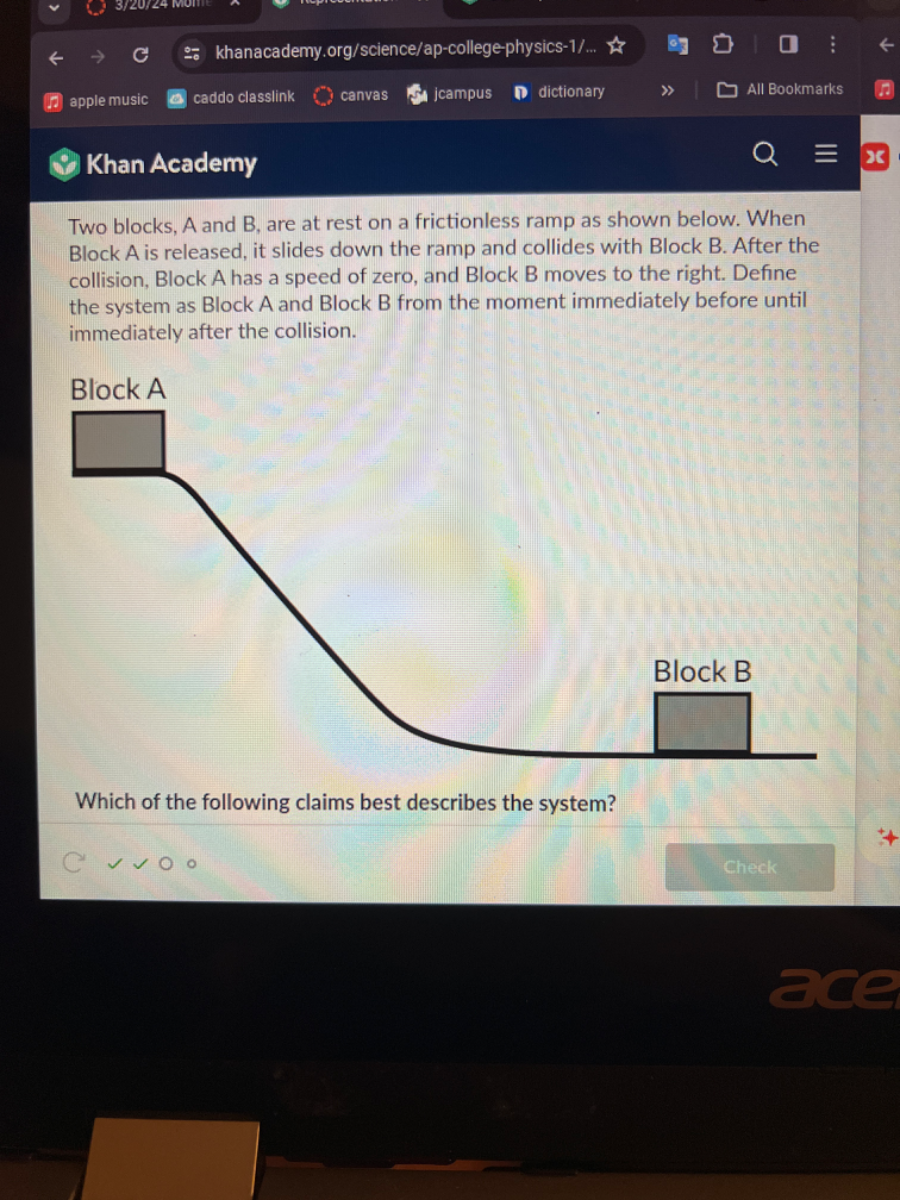 Khan Academy Two blocks, A and B, are at rest on a frictionless ramp as shown below. When Block ...