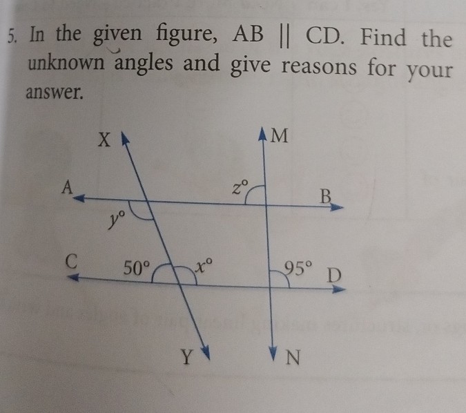 5. In the given figure, A B C D. Find the unknown angles...