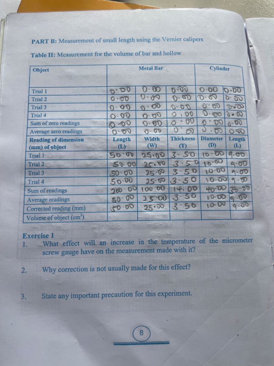 [GET ANSWER] PART B: Measurement of small length using the Vernier ...