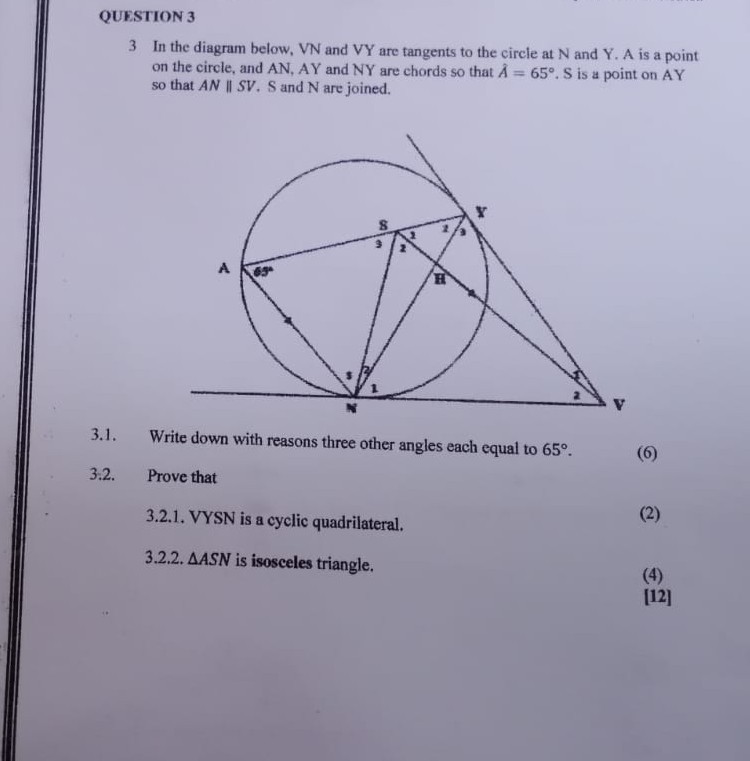 QUESTION 3 3 In the diagram below, VN and VY are tangents to the circle ...