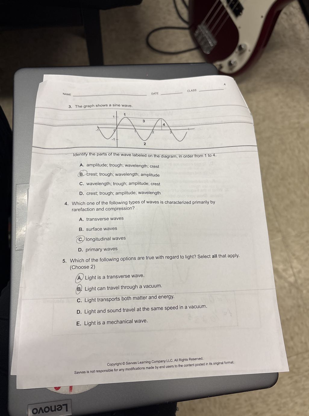 NAME DATE Class Identify the parts of the wave labeled on the diagram ...