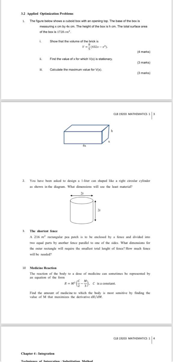 3.2 Applied Optimization Problems 1. The figure below shows a cuboid ...