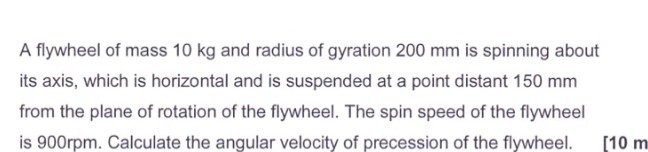 a flywheel of mass 10 kg and radius of gyration 200 mm is spinning ...