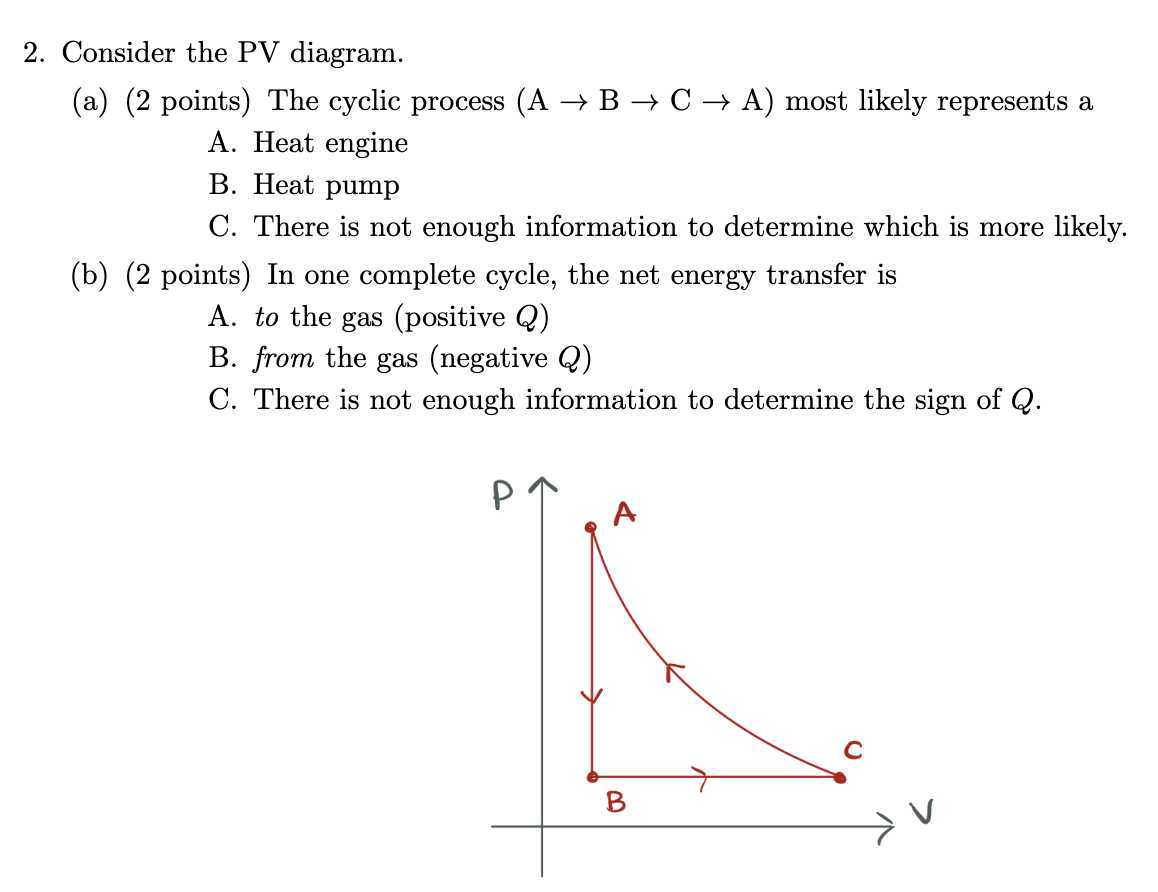 2. Consider the PV diagram. (a) (2 points) The cyclic process ( A→B→C→A ...