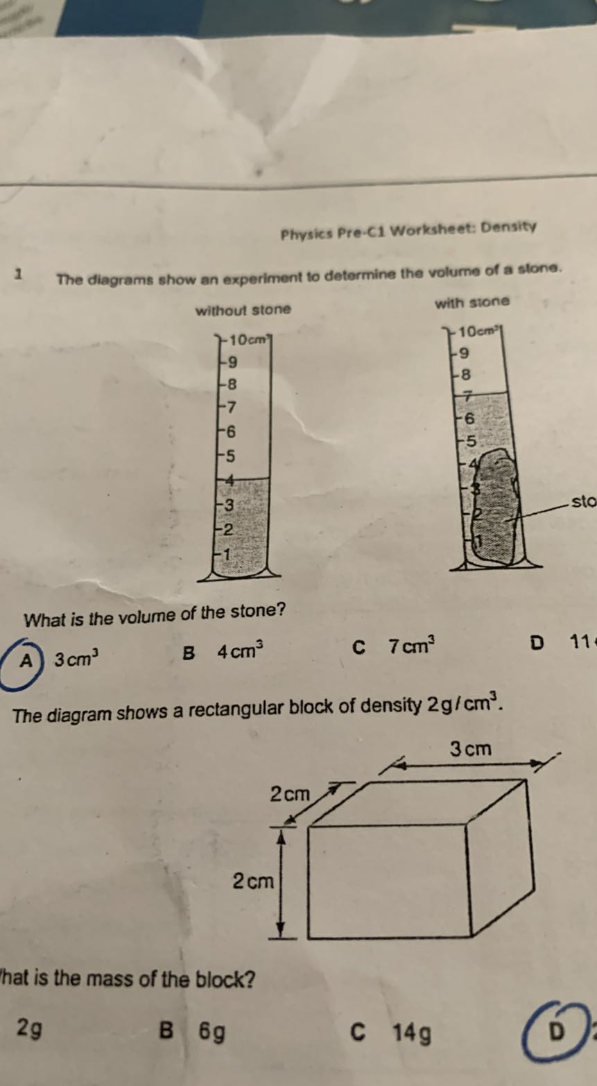 Physics Pre-C1 Worksheet: Density 1 The diagrams show an...