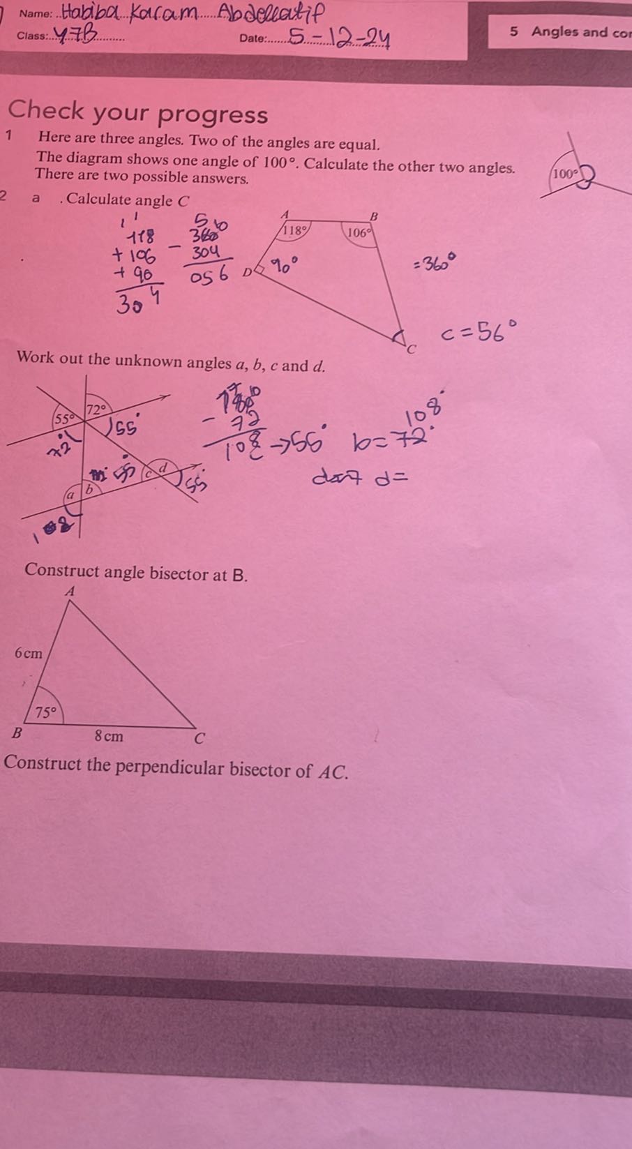 Name: Habiba Karam Abdeleatif Date: 5-12-24 5 Angles and cor Check your ...