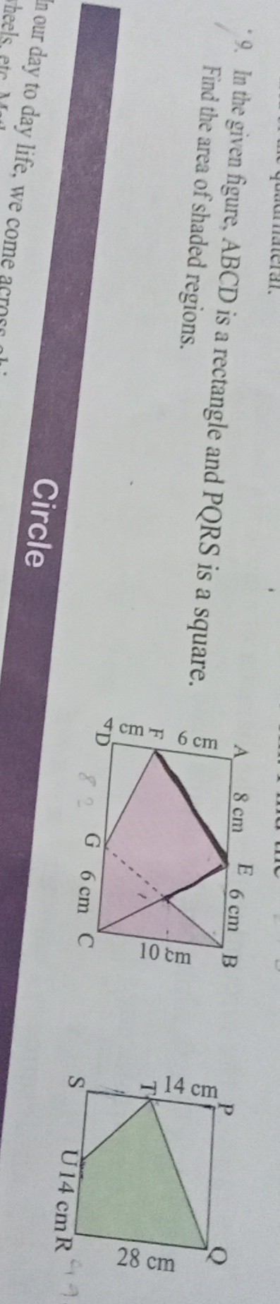 9. In the given figure, A B C D is a rectangle and P Q R S is a square. Find the area of shaded ...