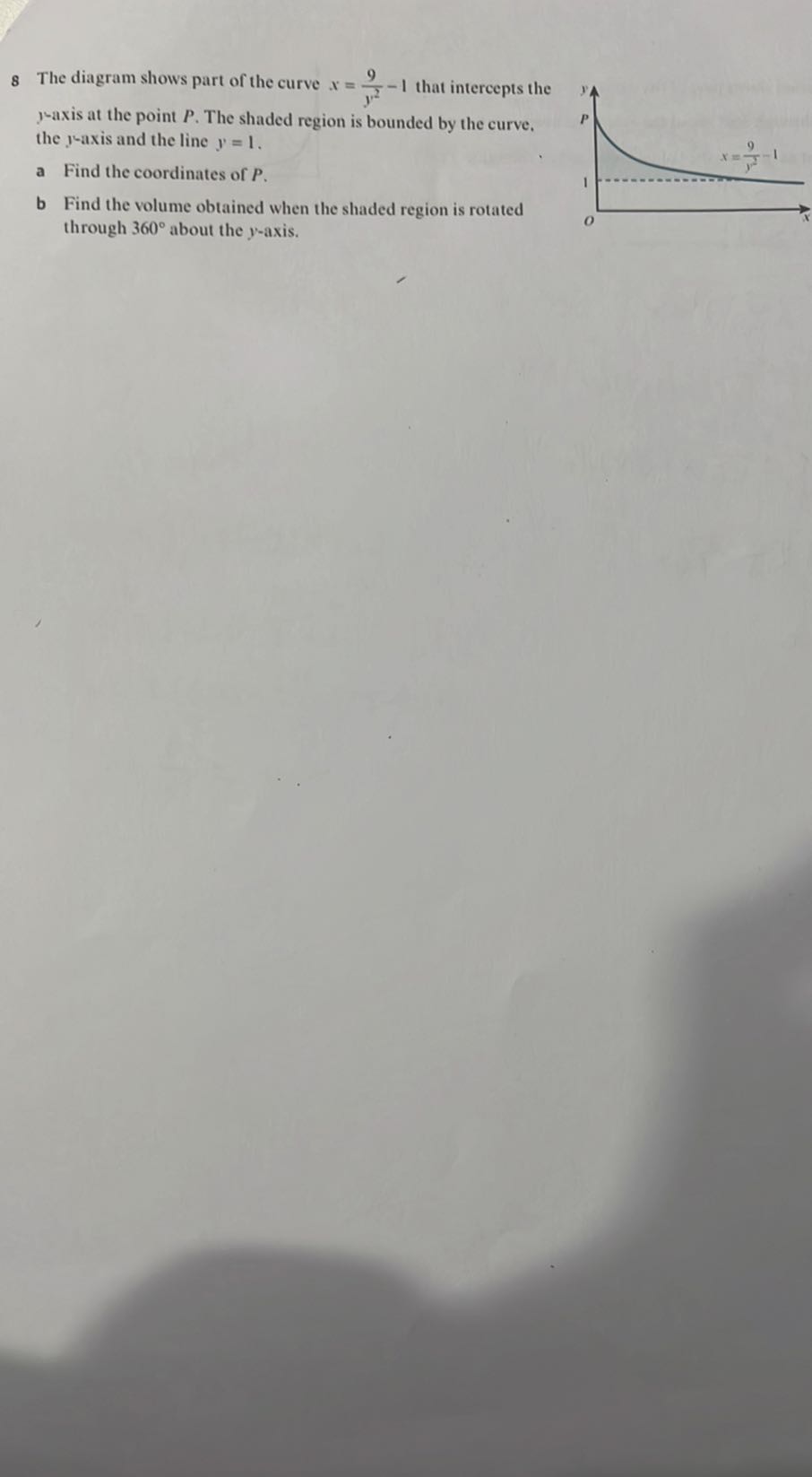 8 The diagram shows part of the curve x=(9)/(y^2)-1 that intercepts the y-axis at the point P ...