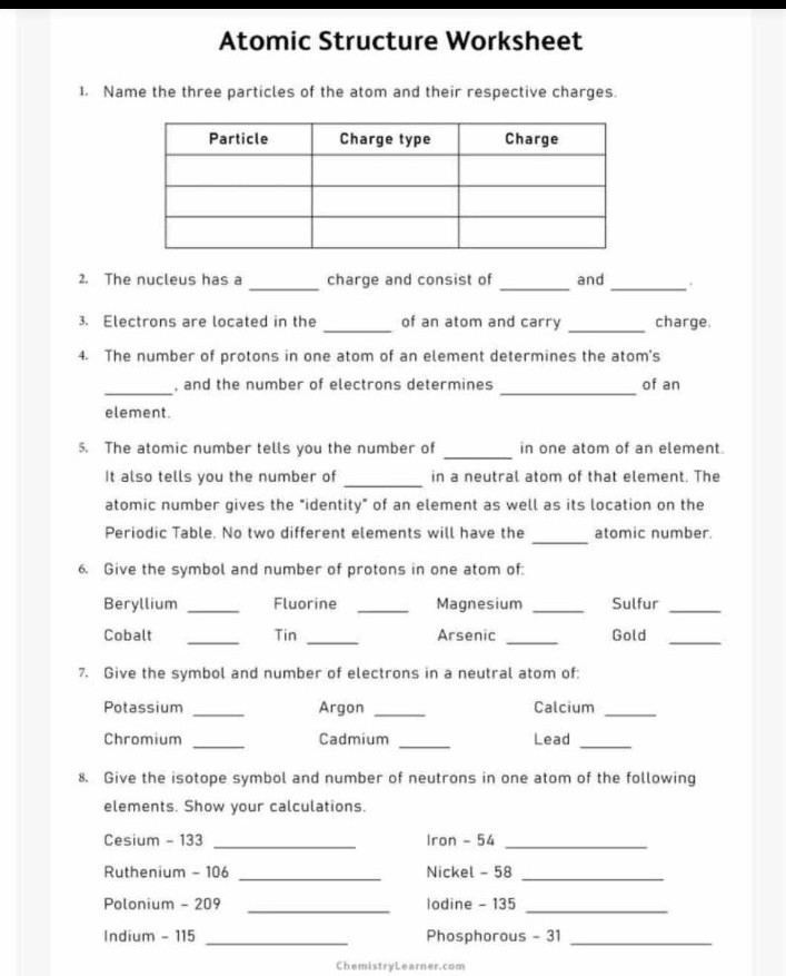 atomic structure worksheet 1 name the three particles of the atom and ...