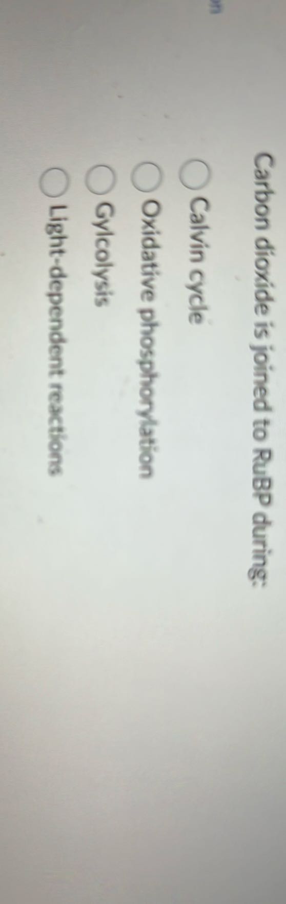 Carbon dioxide is joined to RuBP during: Calvin cycle Oxidative ...
