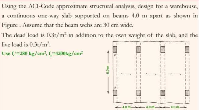 Using the ACI-Code approximate structural analysis, design for a warehouse, a continuous one-way ...