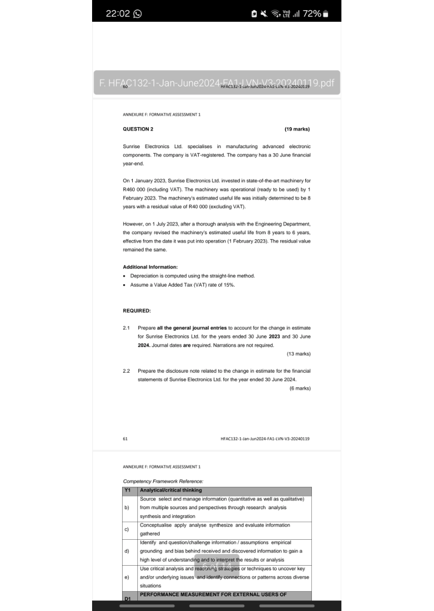 2202 Annexure F Formative Assessment 1 Question 2 19 Marks Sunrise
