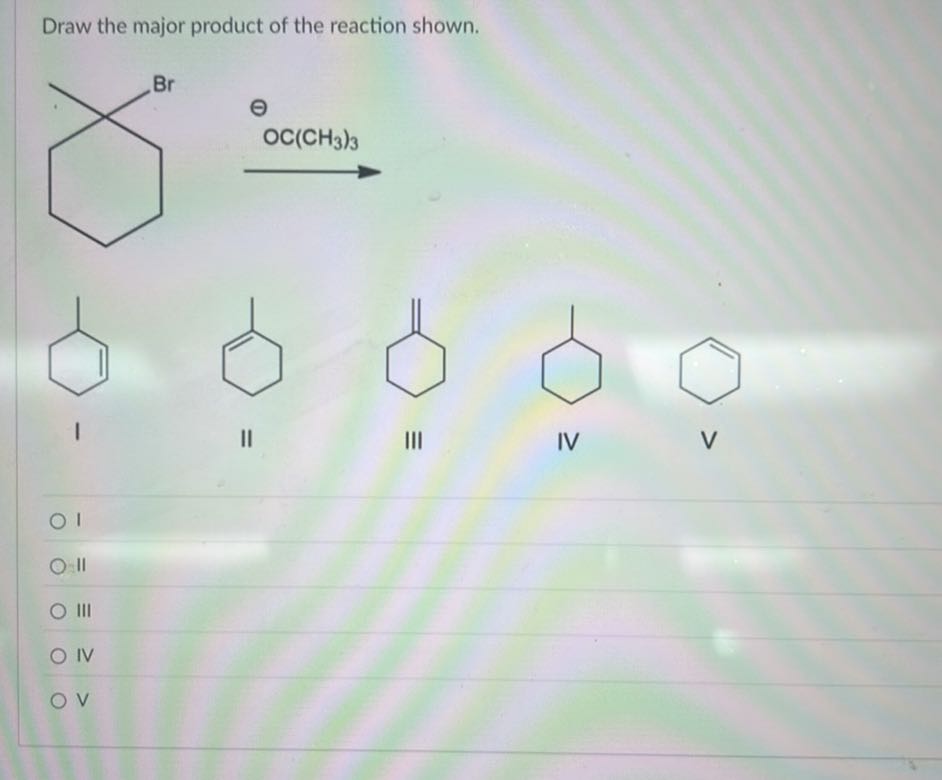 Draw the major product of the reaction shown. OC(CH3)3 I II III IV v 1 II III IV V
