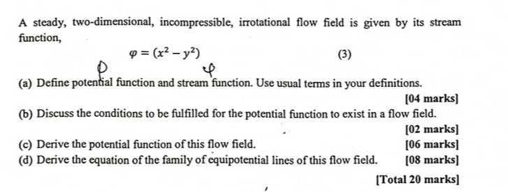 A steady, two-dimensional, incompressible, irrotational flow field is given by its stream ...