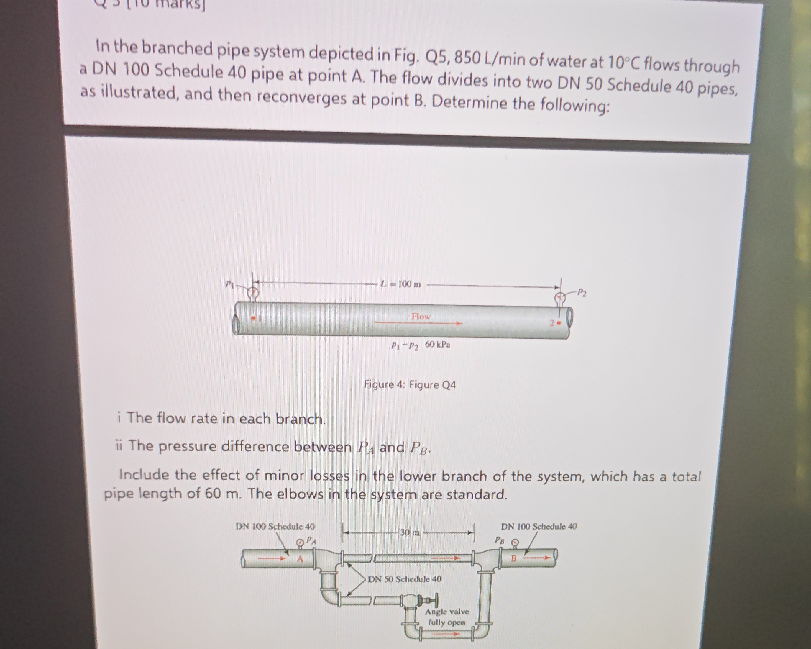 In the branched pipe system depicted in Fig. Q5, 850 L / min of water ...