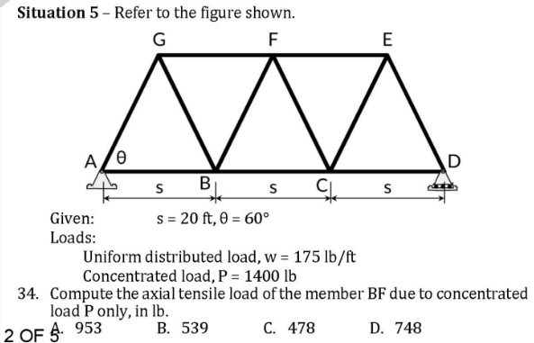 Situation 5 - Refer to the figure shown. Given: s=20 ft, θ=60^∘ Loads ...