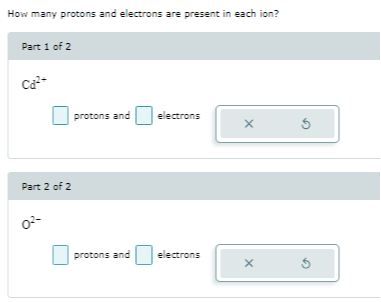 How many protons and electrons are present in each ion? Part 1 of 2 Cd^2+ protons and electrons ...