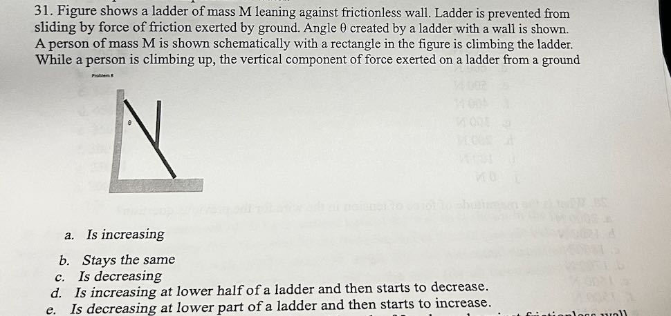 31. Figure shows a ladder of mass M leaning against frictionless wall ...