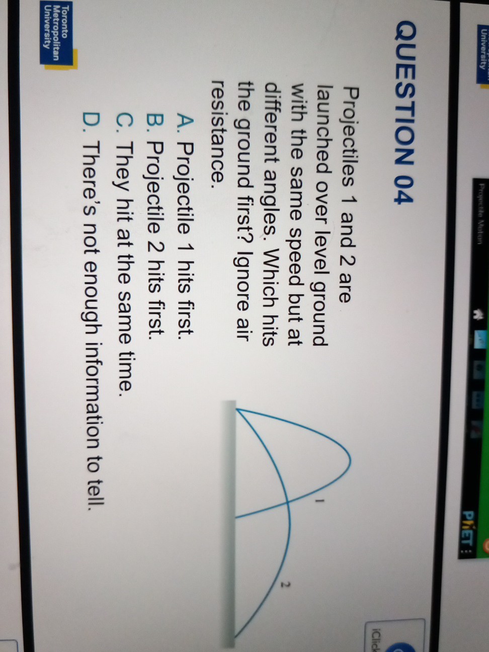question 04 projectiles 1 and 2 are launched over level ground with the same speed but at ...