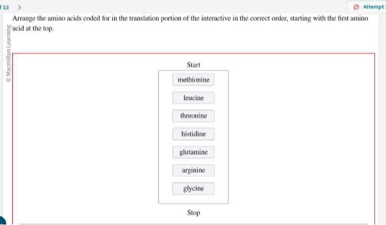 13 Attempt Arrange the amino acids coded for in the translation portion ...