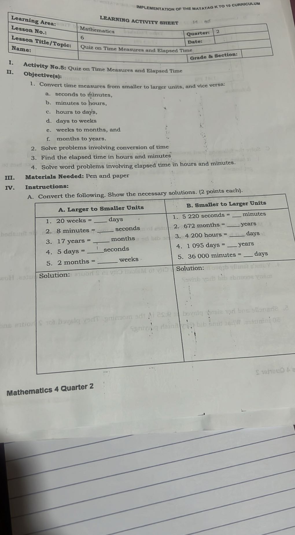 implementation of the matatag k to 10 curriculum learning activity sheet i activity no5 quiz on ...