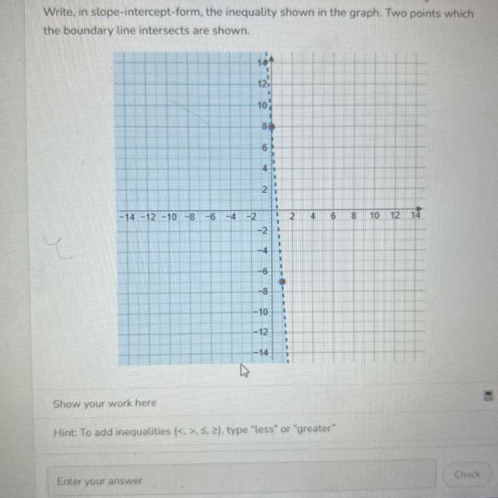 Write, in slope-intercept-form, the inequality shown in the graph. Two ...