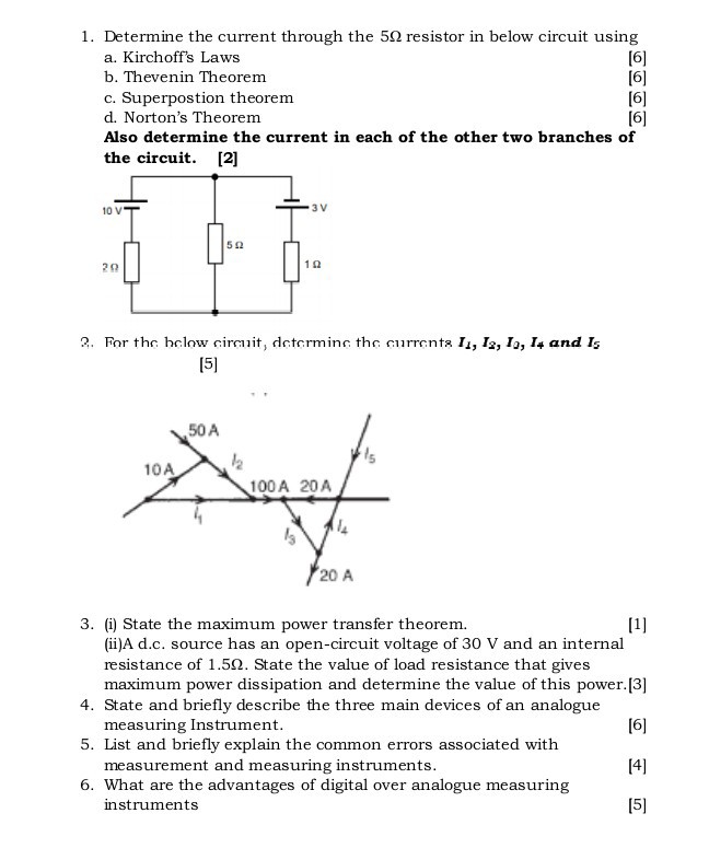 1 Determine The Current Through The 5 Omega Resistor In Below Circuit Using A Kirchoffs Laws 6 B