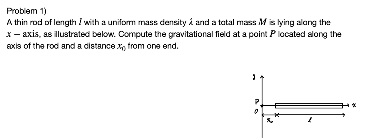 Problem 1) A thin rod of length l with a uniform mass density λ and a total mass M is lying ...