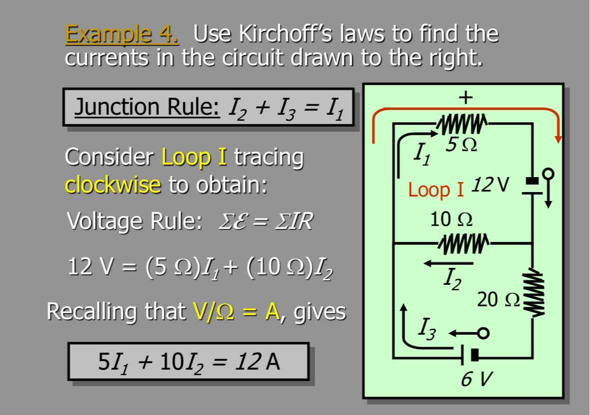 Exalnple 4. Use Kirchoffi's laws to find the currents in the circuit drawn to the right ...