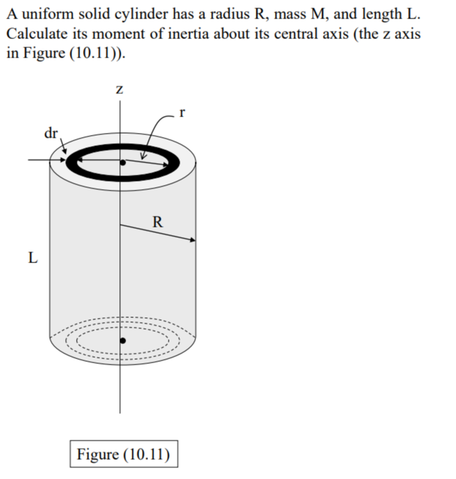 A uniform solid cylinder has a radius R, mass M, and length L ...