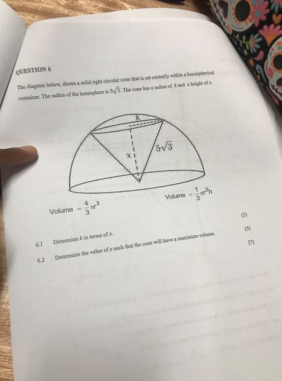 QUESTION 6 The diagram below, shows a solid right circular cone that is ...