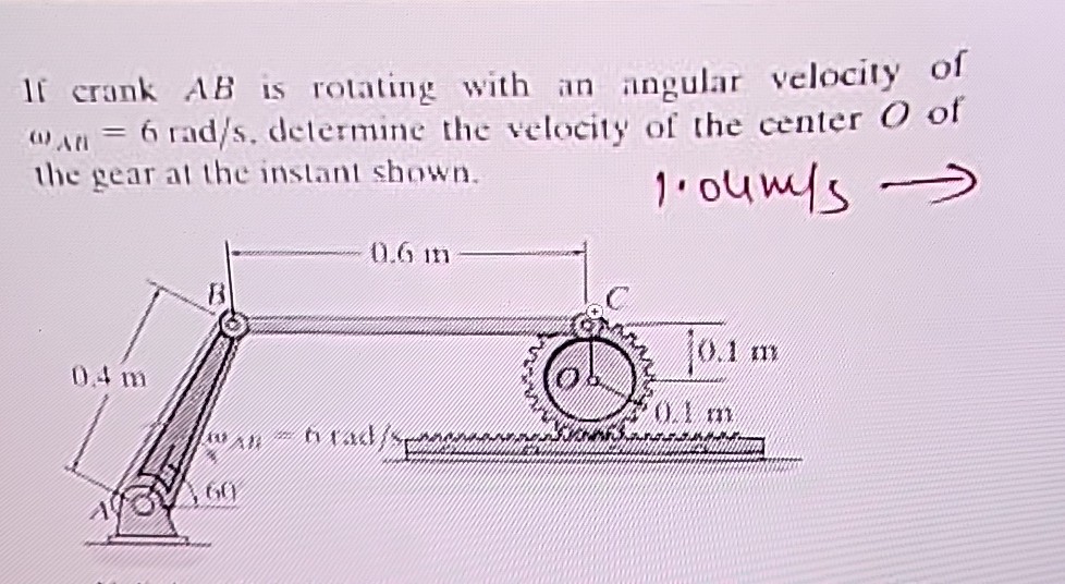 If crank A B is rotating with an angular velocity of ^(1)Al=6 rad / s ...