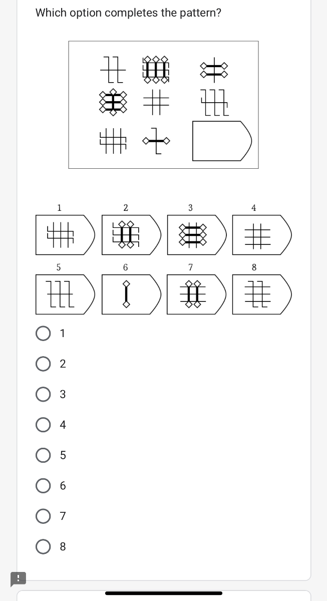 Which option completes the pattern? 1 2 3 4 5 6 7 8
