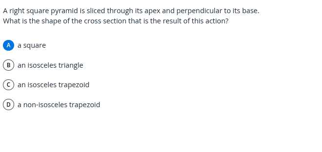A right square pyramid is sliced through its apex and perpendicular to ...