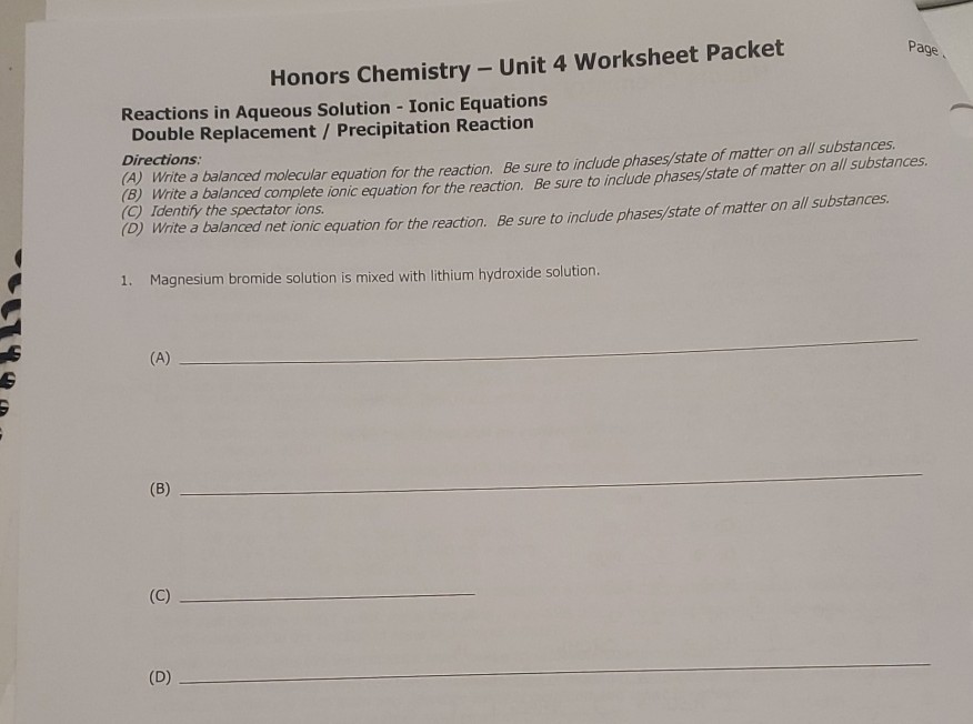Honors Chemistry - Unit 4 Worksheet Packet Page, Reactions in Aqueous ...