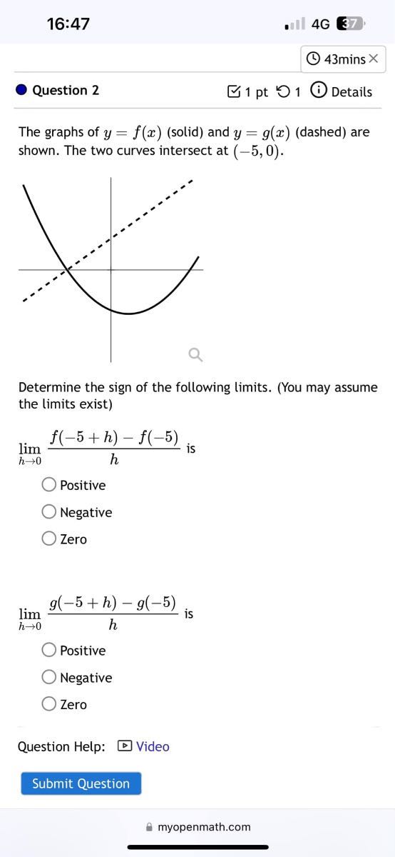 16:47 4G 37 (1) 43 mins Question 2 1 pt 1 Details The graphs of y=f(x ...
